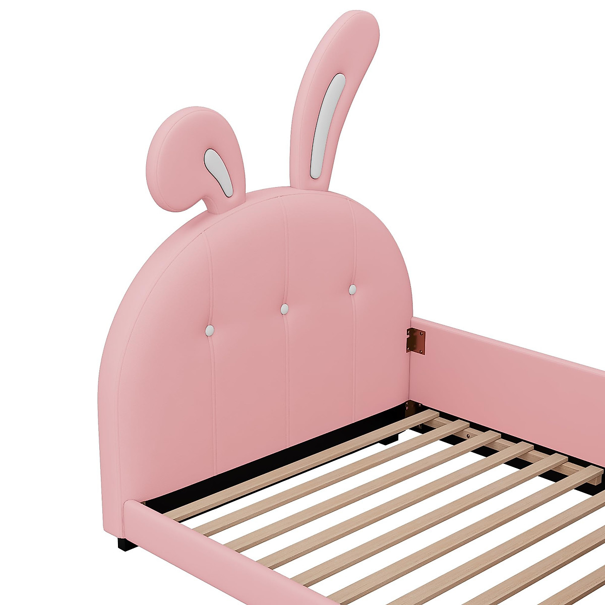 Bellemave Twin Size Upholstered Platform Bed with Bunny-Shaped Headboard, Pink Princess Bed for Girls, Low Daybed Frame with Side Rail for Kids Teens, Faux Leather
