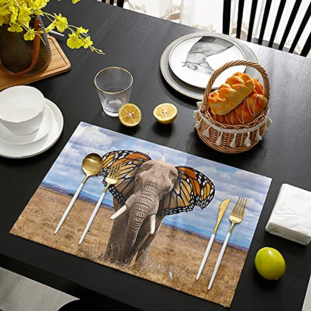 Big buy store Placemats Funny Elephant Butterfly Ears Abstract Fall Meadow Heat-Resistant Washable Place Mats Non Slip, Table Mats for Dinner Table Kitchen Outdoor Weeding Set of 6