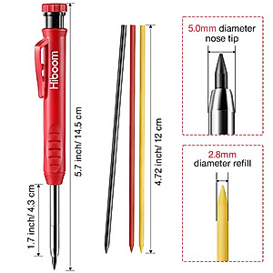 Hiboom 2 Pack Solid Carpenter Pencil with 14 Refill, Long Nosed Deep Hole Mechanical Pencil Marker with Built-in Sharpener for Carpenter Woodworking Architect Fathers Day Gift (Black, Red)