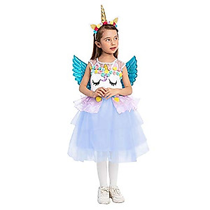 Spooktacular Creations Unicorn Princess Pageant Flower Girl Tutu Dress Rainbow Skirt with Headband and Wings for Kids (Blue, Small)