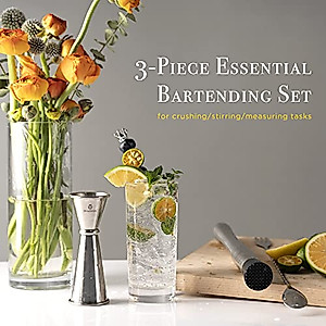 Homestia Stainless Steel Muddler for Cocktails Set, 10" Muddler and 12" Mixing Spoon with Cocktail Jigger, 3 Piece Bar Accessories Tools for Mojitos Making, Stirring, Fruit Drinks