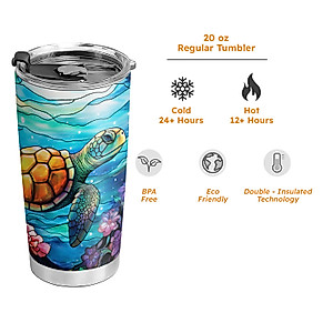 20oz Blue Stained Glass Flower Sea Turtle Tumbler, Gifts for Turtle Lovers, Ocean, Beach Gifts, Coffee Thermos for Women, Stainless Steel Double Wall Vacuum Insulated Coffee Mug, Travel Cup with Lid
