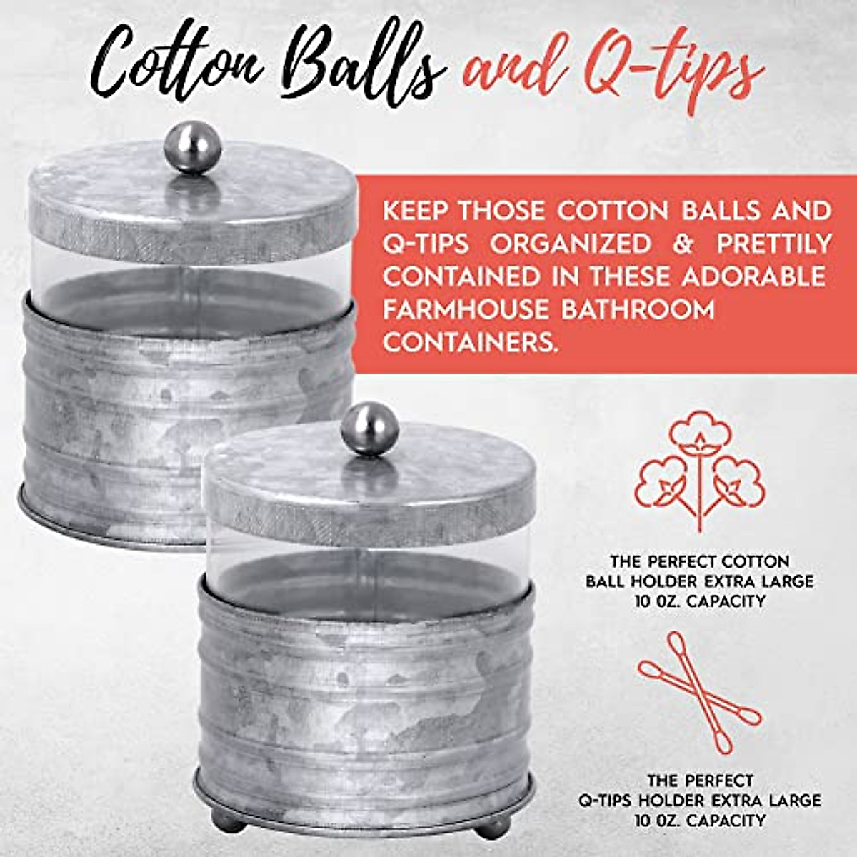 Autumn Alley Galvanized Bathroom Apothecary Jars Set, Farmhouse Bathroom Jars Qtip Holder Glass Dispenser- Rustic Vanity Organizer with Lids for Cotton Balls, Swabs, Rounds, Bath Salts 2-Glass Jars