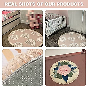 DNEWYNPABV Round Boho Rug Scandinavian Cartoon Rainbows with Clouds Flowers and Stars in Pastel Area Linen Carpet Patio Hallway Runner Mat Pad Minimalist Home Decor for Living Room Outdoor, 3 ft