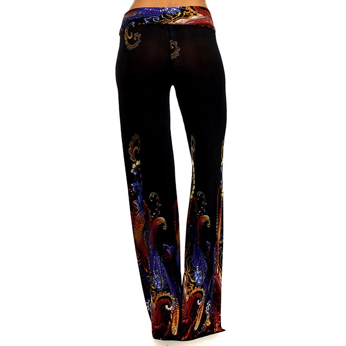 Black Palazzo Pants Multi Color Leaf Print Design, Fold Over Waist Band Small
