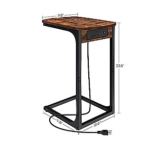 Hzuaneri L Shaped End Table with Charging Station, Bed Side Table with USB Port & Outlet, Couch Table, C Snack Table for Living Room, Bedroom, Rustic Brown and Black ET04901B