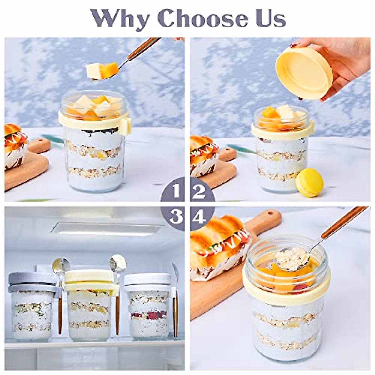 Set of 6 Overnight Oats Containers with Lids and Spoons 12 oz Overnight Oats Jars Glass Oatmeal Mason Jars Cereal Cup Airtight Jars with Measurement Marks for Yogurt Milk (Gray, White, Light Yellow)