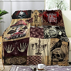 Retro Collage Gothic Blanket Gifts for Girls Boys, Anxiety Rose Skull Butterfly Skeleton Throw Blanket for Adults,Soft Lightweight Flannel Fleece Mushroom Blankets Bedding for Sofa Bed 80x60In