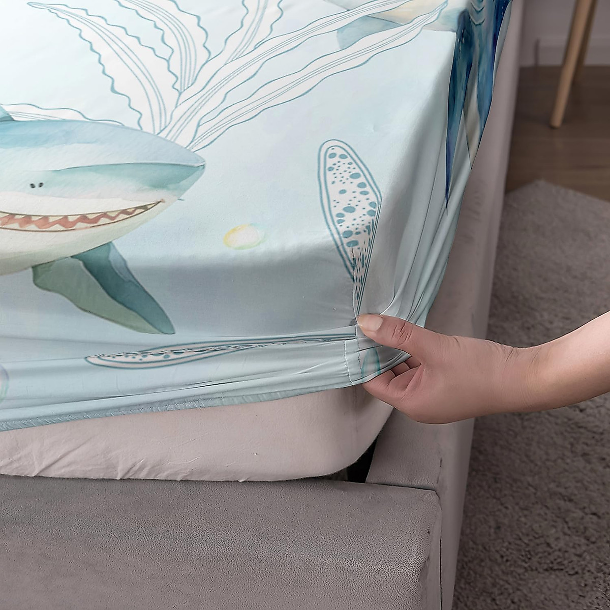 AILONEN Shark Fitted Sheet Set Twin Size, Ocean Shark Bed Sheet Set for Boys Kids,Blue Starfish Shark Fitted Sheet with 2 Pillowcases,3 Pieces Bed Sheet Set