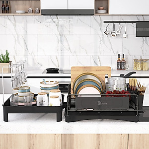 1Easylife Dish Drying Rack, 2 Pieces Large Dish Rack Drainboard Set for Kitchen Counter, Rustproof Dish Drainers with Drainboard, Adjustable Swivel Spout, Wineglass and Utensil Holder for Big Family