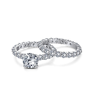 Bling Jewelry Art Deco Style Traditional 3CT Cubic Zirconia Round Brilliant Cut Round Solitaire Eternity Band AAA CZ Anniversary Wedding Engagement Ring Set Band For Women .925 Sterling Silver