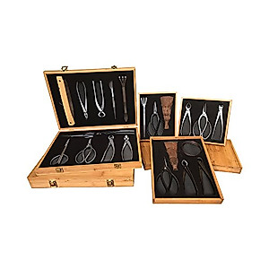 Tinyroots Tool Kit for Bonsai - 3 Piece Set Includes: Traditional Butterfly Shaped Bonsai Shears, Genuine Japanese Hemp Broom, Three Pronged Rake & Bamboo Storage Case + Bonsai Tools
