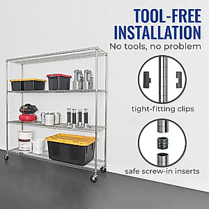 SafeRacks - NSF Certified Storage Shelves, Zinc, Heavy Duty Steel Wire Unit with Wheels and Adjustable Feet, Garage or Bakers Rack, Kitchen, Pantry Shelf - (18"x72"x72" 4-Tier) (Silver)