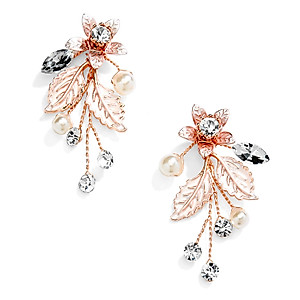 Mariell Bridal and Wedding Rose Gold Handmade Dangle Earrings with Clear Crystal Gems and Ivory Pearls