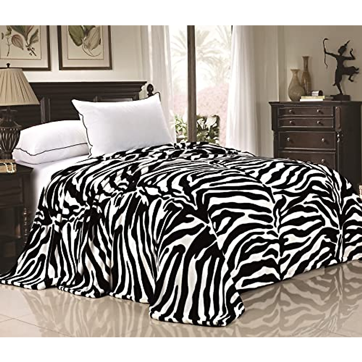 Home Soft Things Light Weight Animal Safari Style Black White Zebra Printed Flannel Fleece Blanket (Queen)