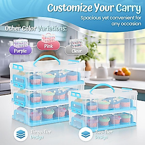 Flexzion 36 Cupcake Carrier 3 Tier Stackable Storage Container Collapsible Cake Carrier with Lid and Handle, Reusable Rectangular Plastic Dessert Travel Container, Display Holder Transport Box (Blue)