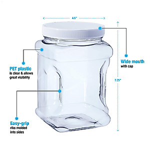 Hudson Exchange 1/2 Gallon Plastic Grip Jar with Cap (6 Pack), Food Grade BPA Free PET, Clear