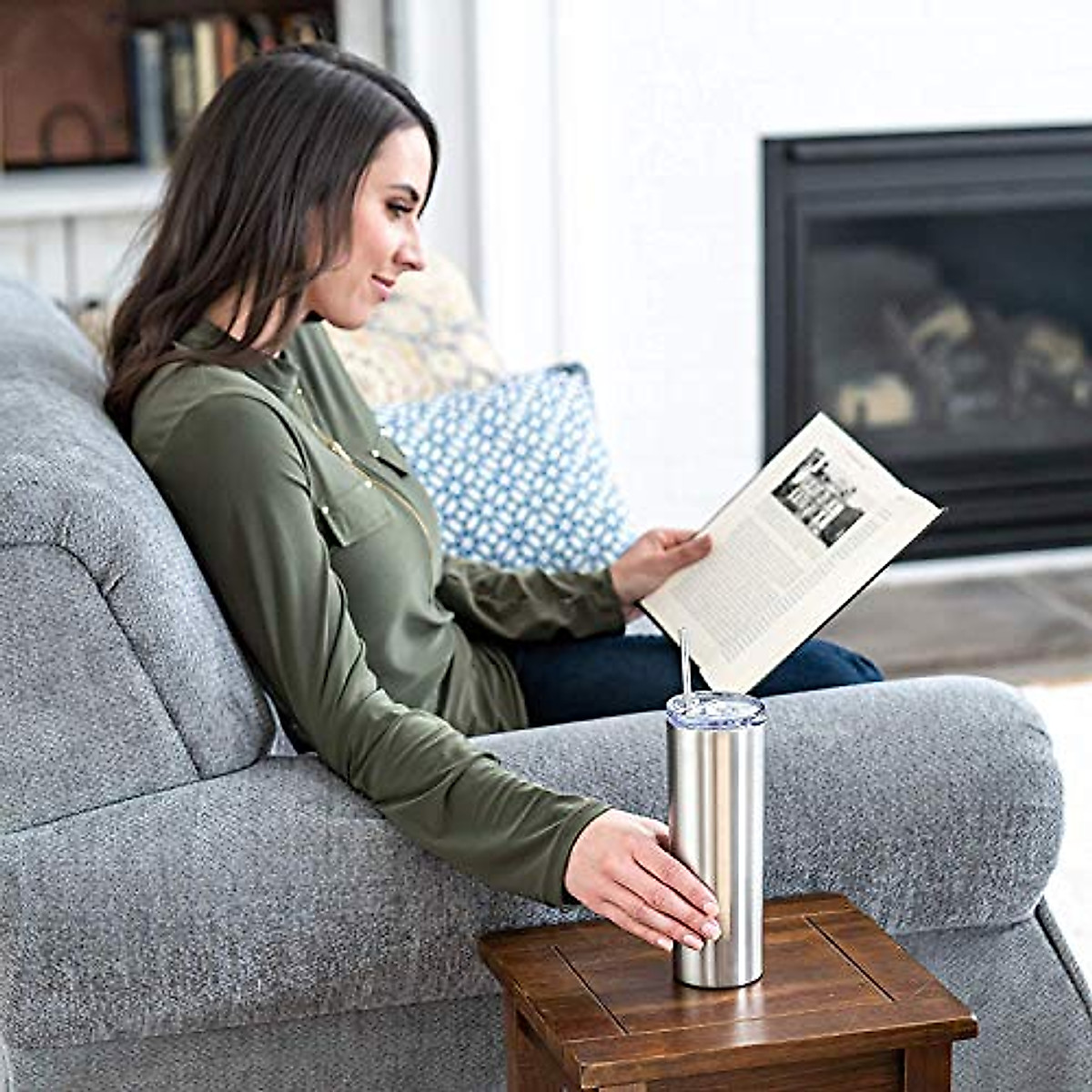 STRATA CUPS Skinny Tumblers with Lids and Straws (4 Pack) - 20 oz Double Wall Insulated Slim Stainless Steel Silver Tumblers with Straw Cleaner | Reusable Travel Mug for Hot and Cold Beverages