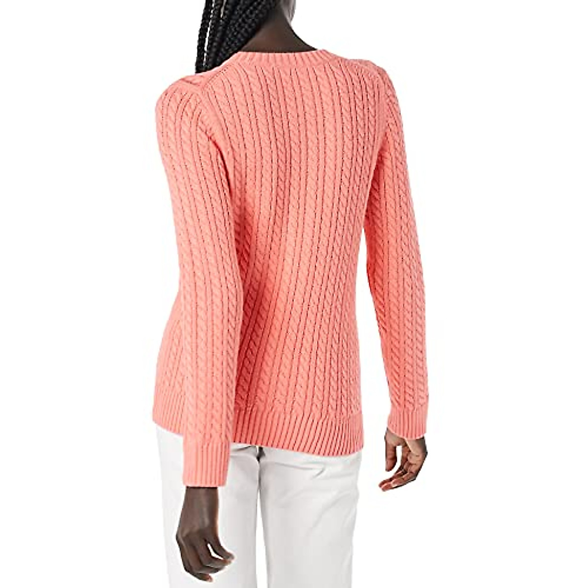 Amazon Essentials Women's Fisherman Cable Long-Sleeve Crewneck Sweater (Available in Plus Size), Coral Pink, Large