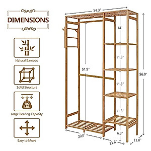Ufine Bamboo Garment Rack 6 Tier Storage Shelves Clothes Hanging Rack with Side Hooks, Heavy Duty Clothing Rack Portable Wardrobe Closet Organizer