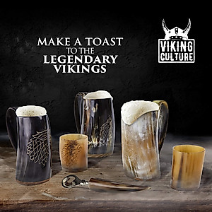 Viking Culture Ox Horn Mug, Shot Glass, and Bottle Opener (3 Pc Set) Authentic 16-oz. Ale, Mead, and Beer Tankard | Vintage Stein with Handle | Custom Intricate Design - Polished Finish | Wolf/Fenrir