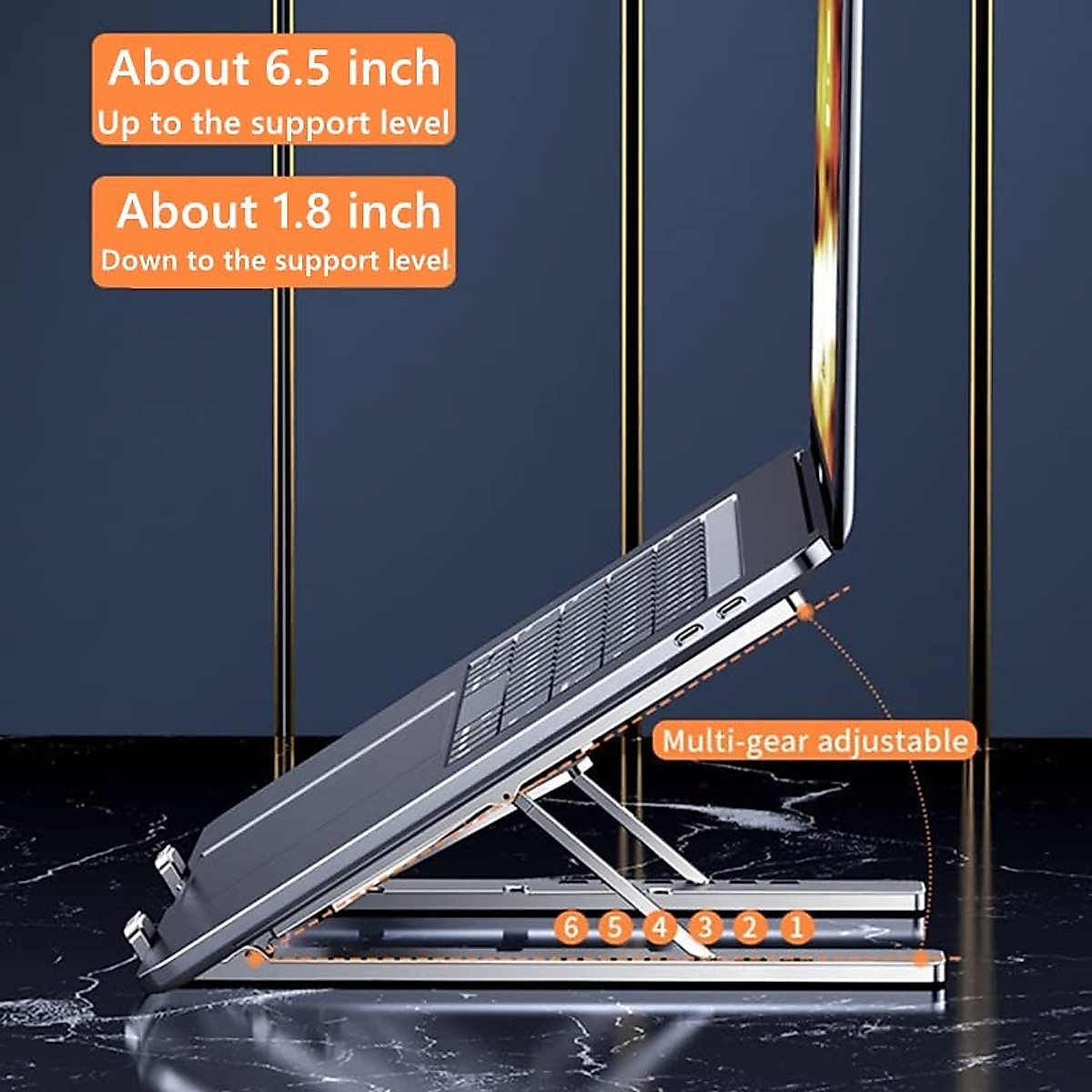 6-Levels Adjustable Laptop Stand, Gogobuddy Upgraded Full Silicone Non-Slip Laptop Stand for Desk Ergonomic Portable Notebook Holder Riser, Compatible with 10-17 inch Laptops and Tablets (Silver)