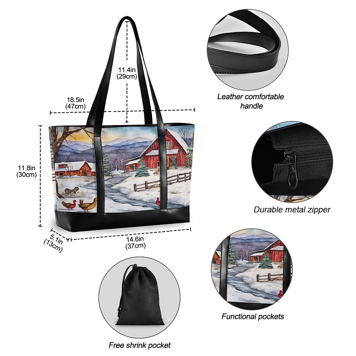 Snowy Christmas Painting Farmhouse Laptop Tote Bag for Women Canvas Teacher Tote Bags Travel Work Bag Handbags Purse Zipper