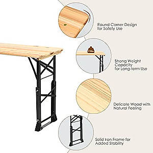 Giantex Folding Picnic Table, Wood Outdoor Table with Umbrella Hole, Adjustable Metal Legs, Patio Bistro Table for Garden Party Backyard, Rectangular Camping Table No Assembly