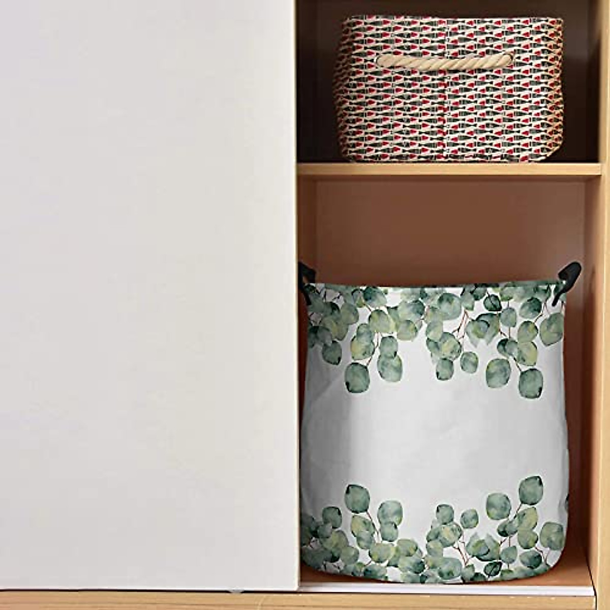 Tropical plants Large Laundry Hamper Collapsible with Handles, Waterproof Dirty Clothes Hamper Baby Nursery for Kids Room Dorm Storage, Watercolor Eucalyptus Leaves