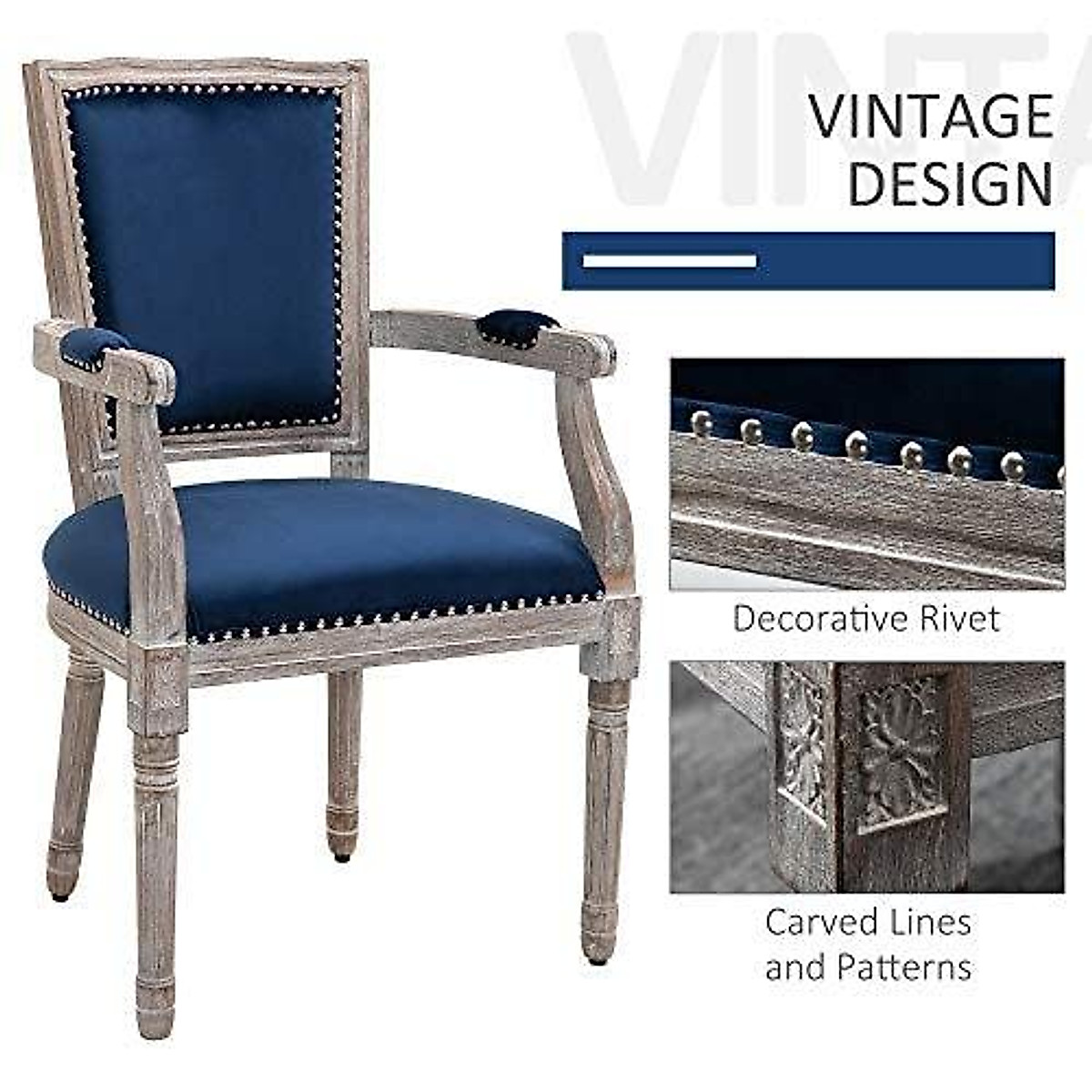 HOMCOM Vintage Dining Chair with High Back, Thick Sponge Padded Seat and Section Armrest with Wood Frame, Blue