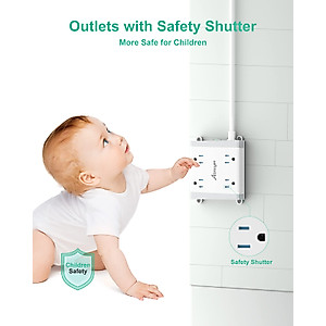 Alitayee Mountable Surge Protector Power Strip, Wall Mount Power Strip with 4 Outlets and 3 USB, Flat Plug, Shutter Safety and Circuit Breaker Switch, 6 Ft Extension Cord for College Home Office Dorm