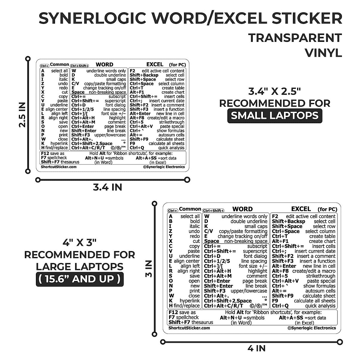 SYNERLOGIC Windows + Word/Excel (for Windows) Quick Reference Guide Keyboard Shortcut Stickers, No-Residue Vinyl (Clear/Large/Combo)