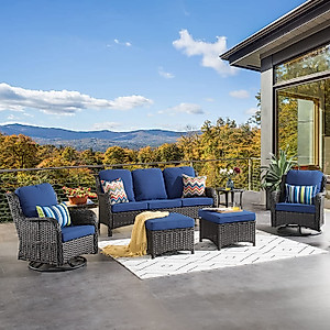 XIZZI Patio Furniture Set with Swivel Rocking Chairs,6 Pieces All Weather Wicker Outdoor Furniture with Sofa,High Back Patio Conversation Set for Balcony,Deck,and Backyard,Brown Rattan Navy Blue