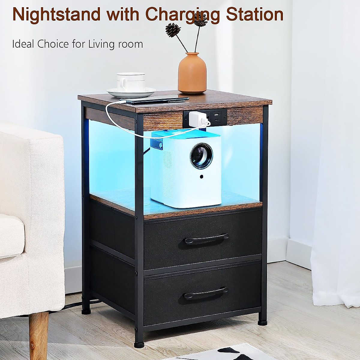 LOAKEKEL Night Stand Set 2, Nightstand with Charging Station, LED End Tables with USB C Port and Outlets, Bedside Table with 2 Fabric Drawers for Bedroom, Rustic Brown, HNS022BR