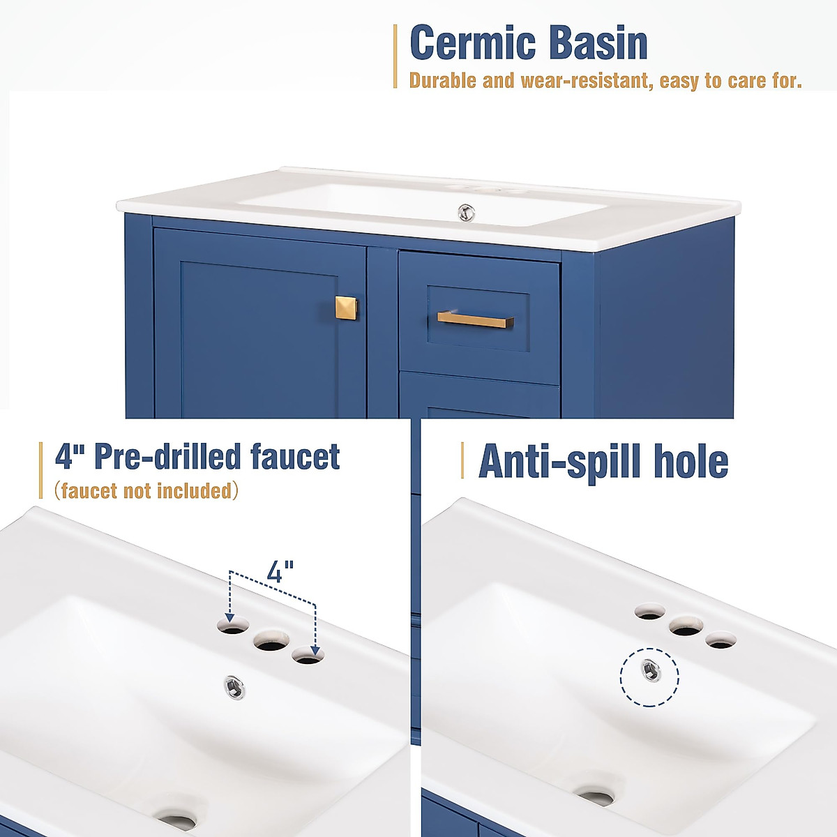 LostCat 30-inch Navy Bathroom Vanity with Sink - Solid Wood,Bathroom Vanity Cabinet with 2 Drawers + 1 Tip-Out Drawer,Soft Close Doors,Easy Assembly
