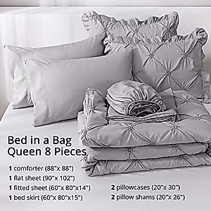 JOLLYVOGUE Queen Comforter Set 8 Pieces, Pintuck Gray Bed in a Bag Comforter Set for Bedroom, Beddding Sets with Comforter, Sheets, Bed Skirt, Ruffled Shams & Pillowcases