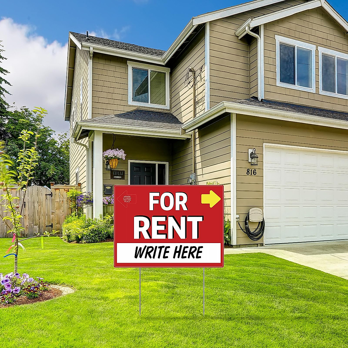 Soaoo 5 Pack 12 x 16 Inch for Rent Sign with Stand Double Sided Yard Sign Stands Corrugated Plastic Lease with Directional Arrow Sticker House Car Rental Supplies
