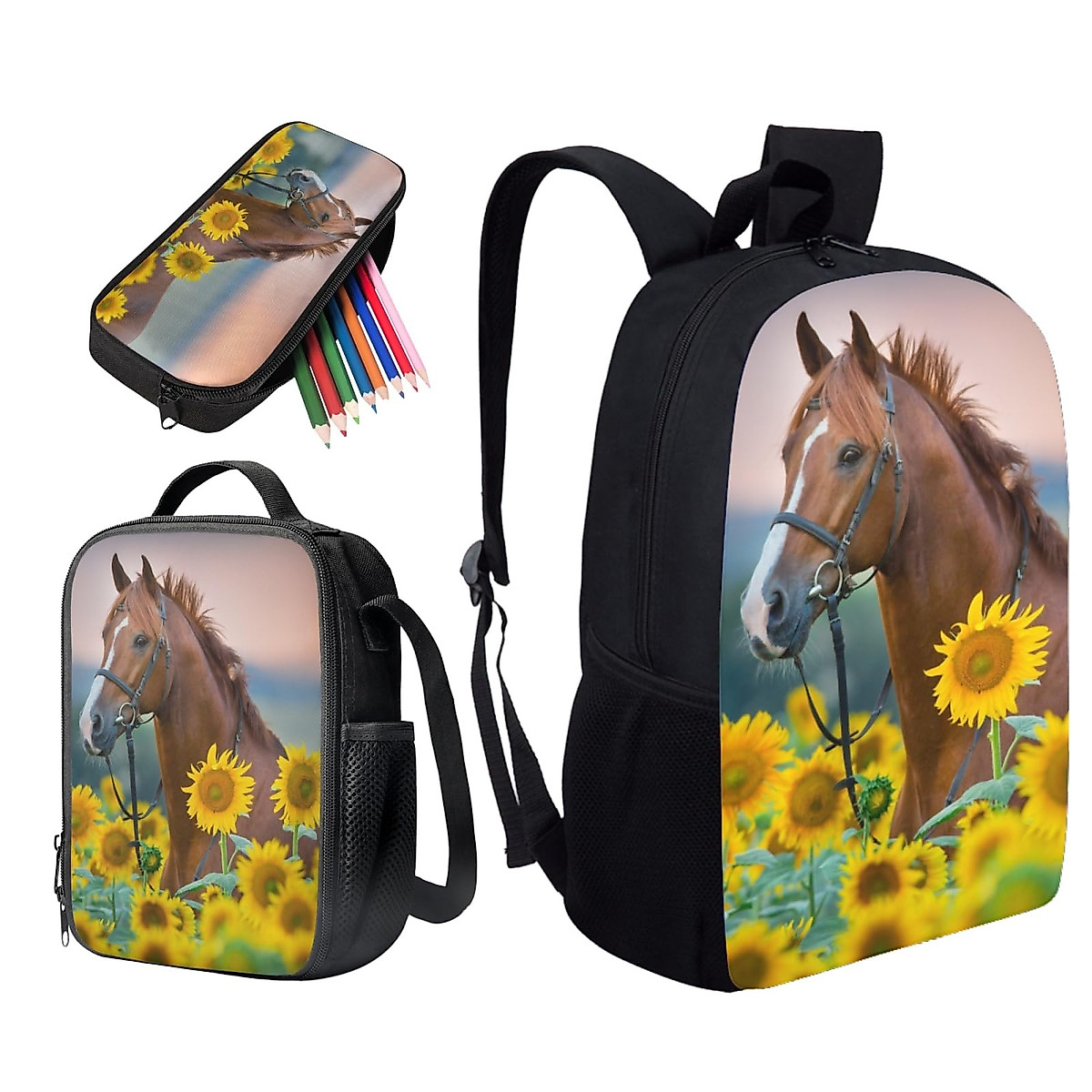 Renewold Sunflower Horse Print School Bag Set of 3, Childrens Backpack Boys Girls School Bags with Drinks Side Pocket and Lunch Box Bag Pencil Case Set Bookbag