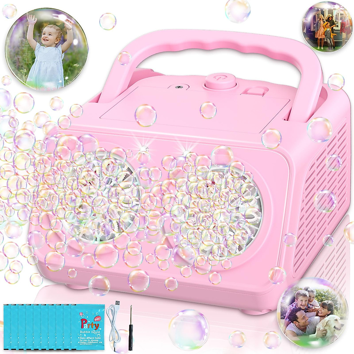 WELL WITHYOU Bubble Machine, Upgraded Durable Bubble Blower | 18000+ Big Bubbles Per Minute for Kids Toddler, with 2 Speed, Plug-in or Battery Powered, for Indoor Outdoor Birthday Parties, Pink