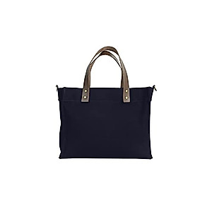 Tag&Crew Brooklyn Tote Canvas Bag with Leather Handles, Zippered Flap, 3 Pockets, Adjustable Shoulder Strap, Antique Brass Clips - Navy Blue