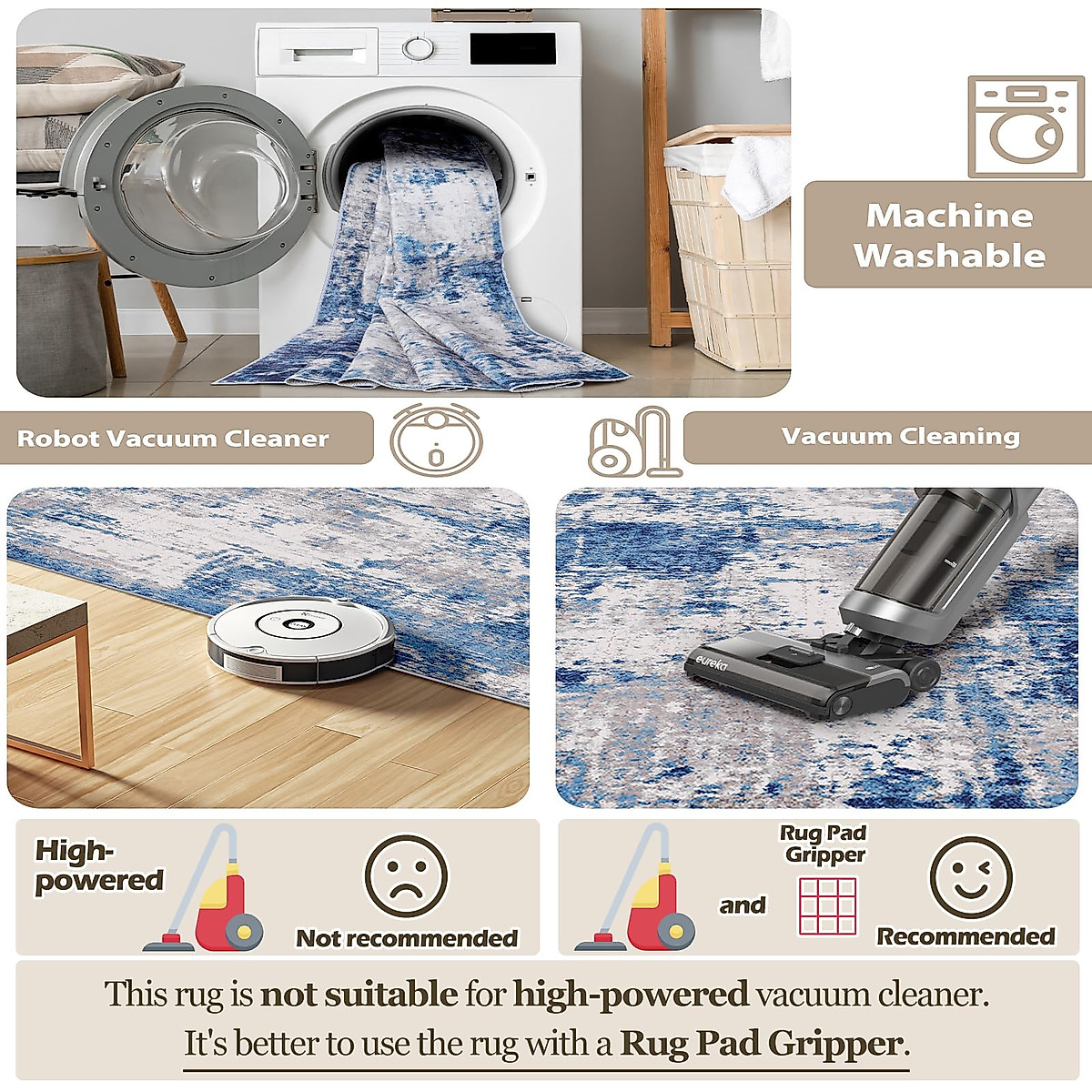 RELEANY Washable Area Rugs 5'x7' Non-Slip Modern Abstract Soft for Living Room Entryway Bedroom, Print Pattern, Blue Grey Navy Gray