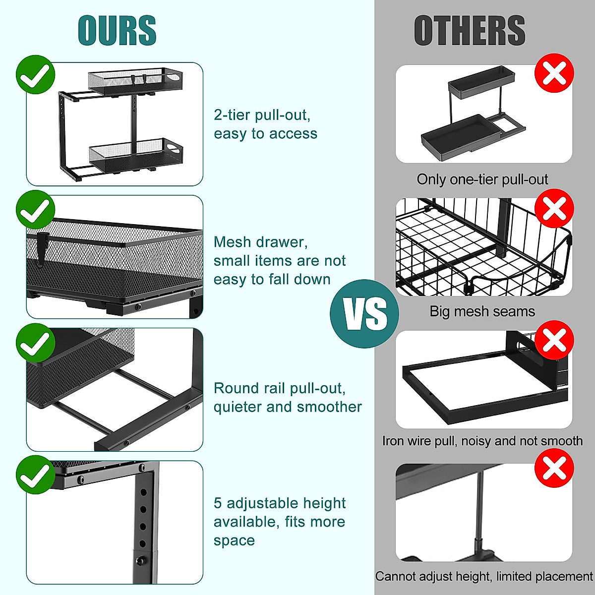 Housolution 2 Pack Under Sink Organizer, 2 Tier Metal Pull Out Under Sink Storage with Sliding Mesh Drawers, Height Adjustable Slide Out Under Sink Organizer for Kitchen Bathroom Cabinet, Black