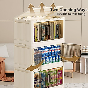 wookon 4Tiers Storage Bins-277Quart Storage Bins with Wheels,Plastic Storage Bins,Beige Closet Organizers and Storage,Magnetic Dual Open Collapsible Storage Bins