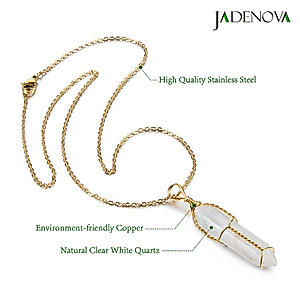 JADENOVA Full Wire Wrapped Energy Healing Crystal Gemstone Pendant Necklace 18 Inches Stainless Steel Chain（Natural Clear White Quartz）