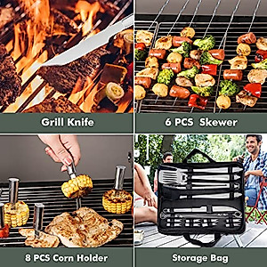 CTCCORC Grill Tool Set 20PCS, BBQ Tool Sets with Durable Barbecue Spatula, Grill Knife, Fork, Tongs, Skewers, Portable Storage Bag, Heavy Duty Stainless Steel Outdoor Cooking Camping Grilling Tools