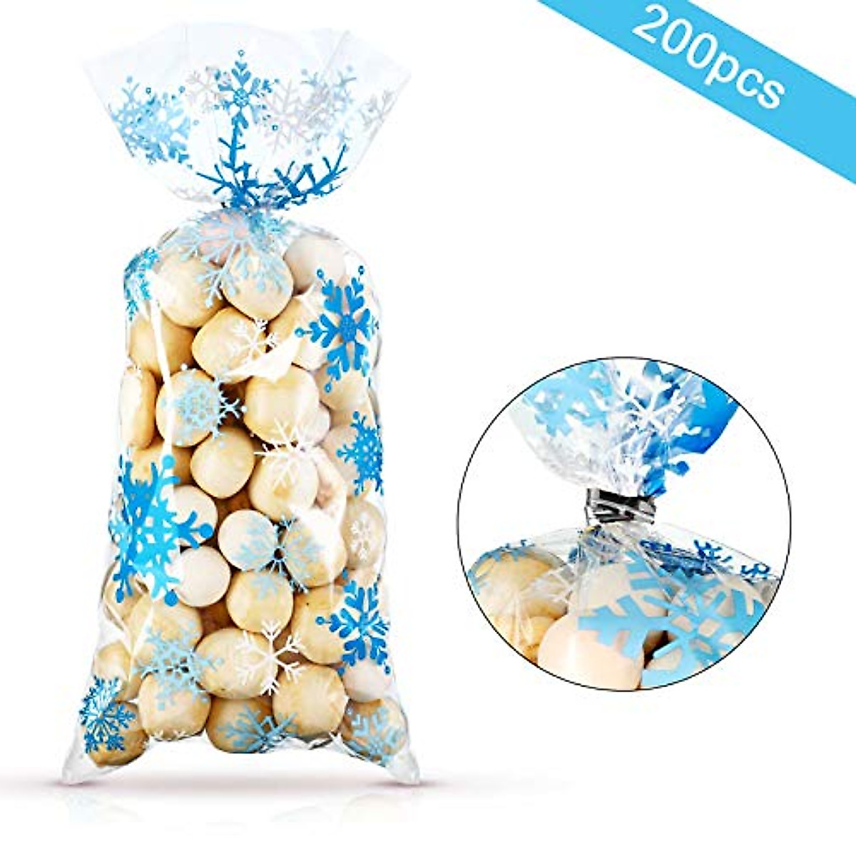 Christmas Cellophane Bags Winter Snowflake Holiday Treat Bags Blue Plastic Candy Goodie Bags with Twist Ties for Winter Xmas Wonderland Birthday Holiday Party Favors (200 Counts)