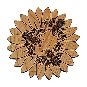 Honey Bees on a Flower Trivet- Hand Crafted in The USA From Solid Cherry Hardwood (6 Inch)