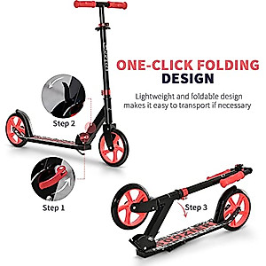 Soozier Folding Kick Scooter for 12 Years and Up for Adults and Teens, Push Scooter with Height Adjustable Handlebar, Big Wheels and Rear Wheel Brake