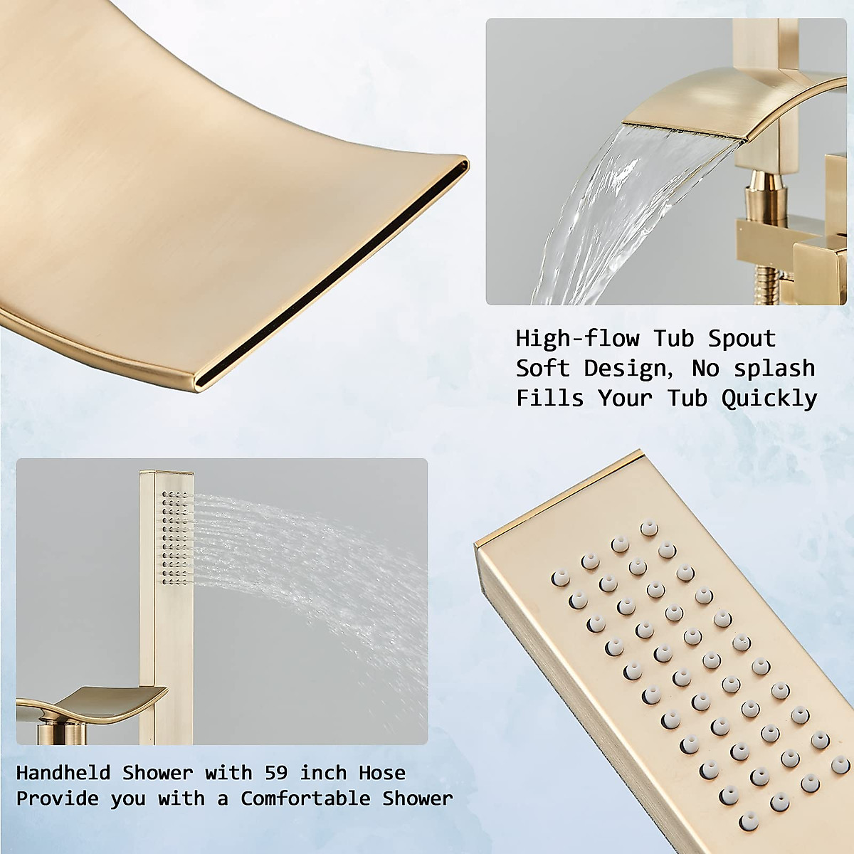 Gmusre Brushed Gold Floor Mounted Waterfall Tub Filler Freestanding Bathtub Faucet Brass Bathroom Single Handle with Shower Hand Spray and 360 Degree Swivel Spout