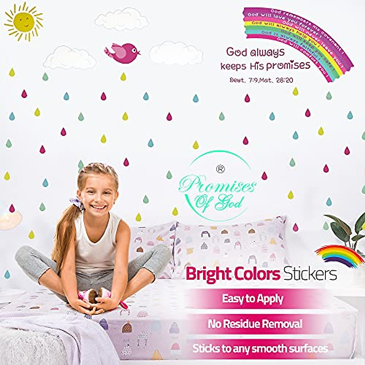 Promises Of God Rainbow Wall Decal Set for Kids - Pink, 85” x 68.5”, 112 Total Stickers - Bible Verses, School Decorations, Classroom, Nursery Decor, Polyvinyl Chloride, Reusable, Waterproof